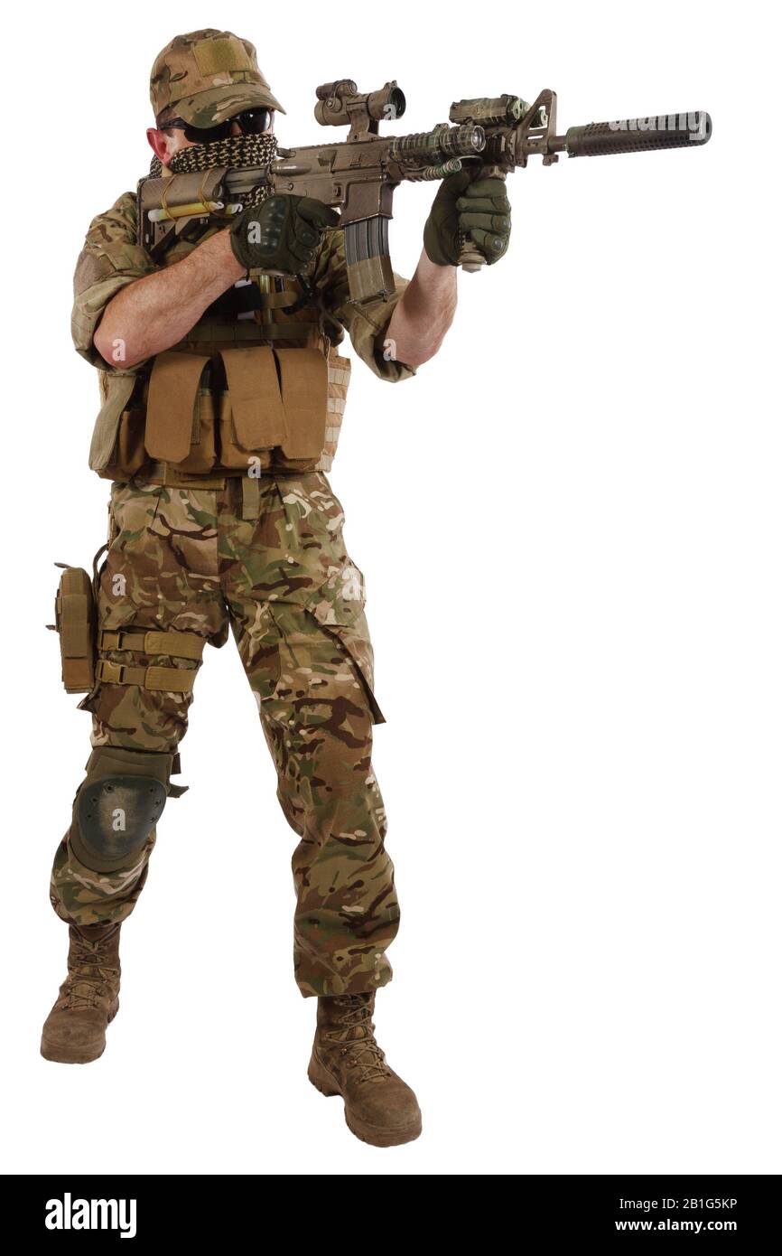 special force operator with carbine M4 isolated on white Stock Photo ...