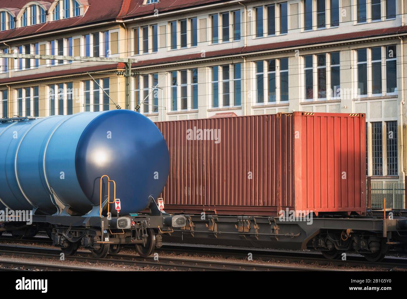 Freight train wagons on railroad tracks, in Singen train station ...