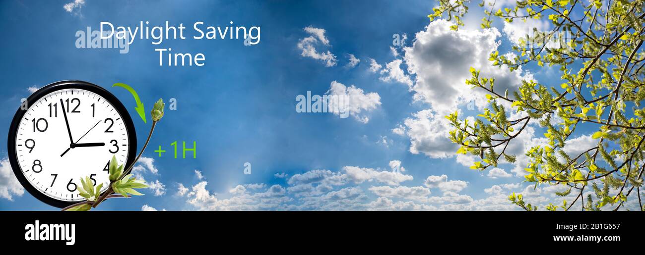 Daylight Saving Time (DST). Blue sky with white clouds and clock. Turn ...