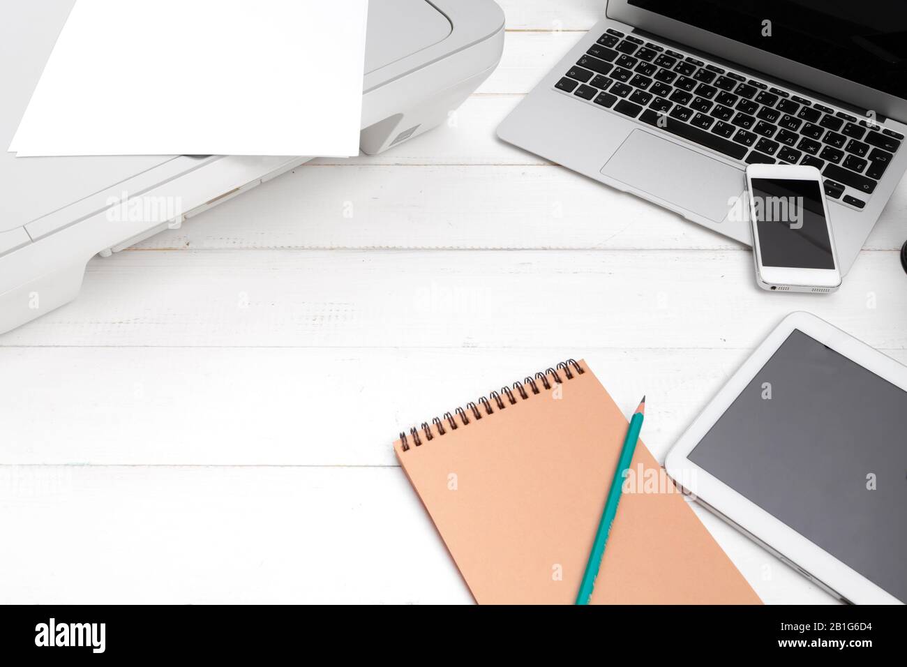 Printer and computer. Office table. Top view Stock Photo - Alamy