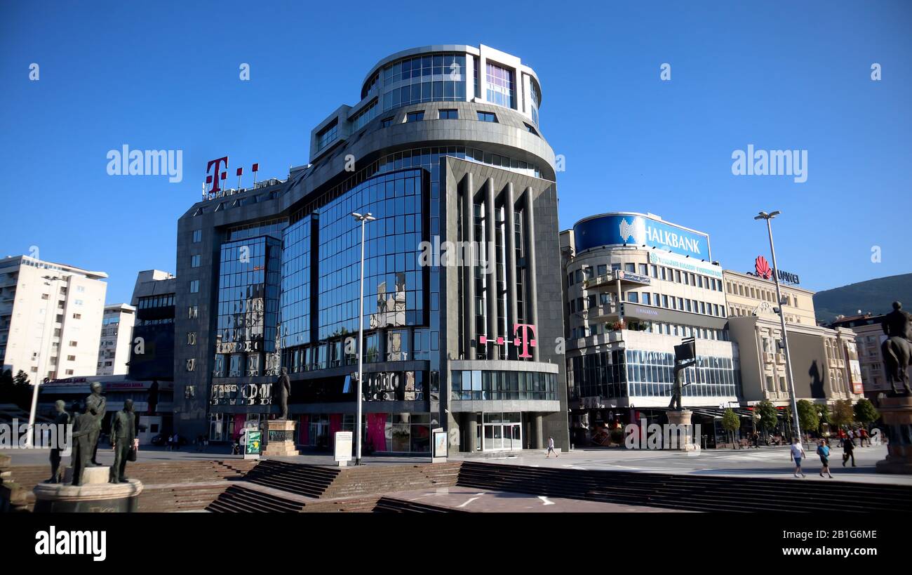 Skopje,North Macedonia,June 27 2019: in front of modern big Telekom ...