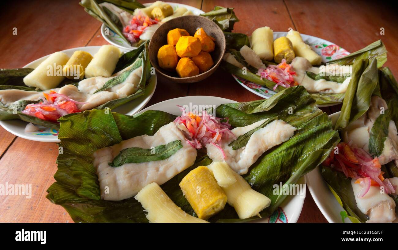 Dishes with fish Maitos, typical food of the Ecuadorian Amazon ...