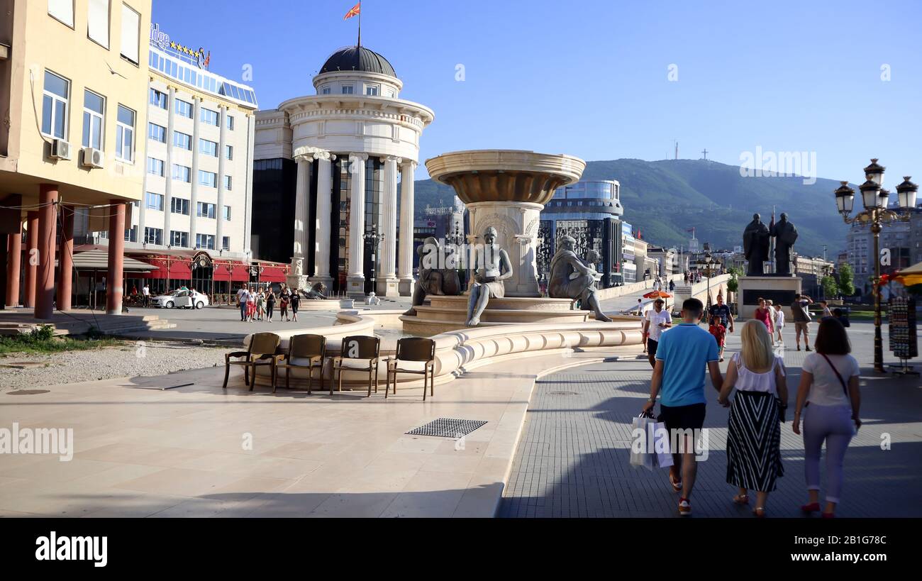 Skopje, North Macedonia, June 27 2019: people on main square, modern ...