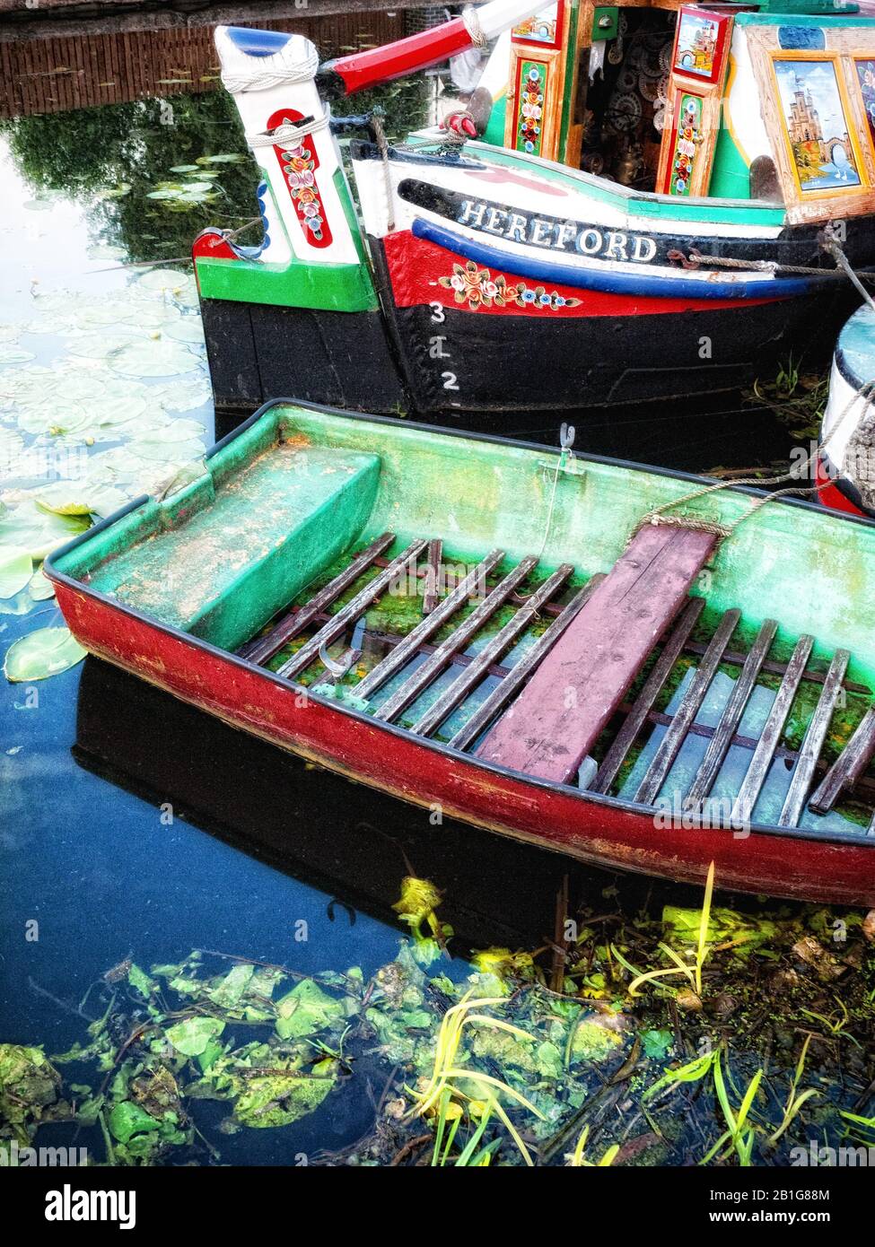 Rowing boat and the butty Hereford moored on the Erewash Canal ...