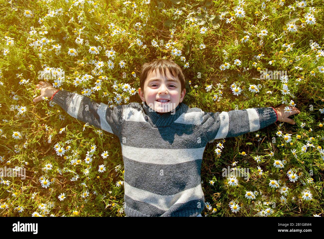 child smiling happy among the daisies in springtime day Stock Photo - Alamy