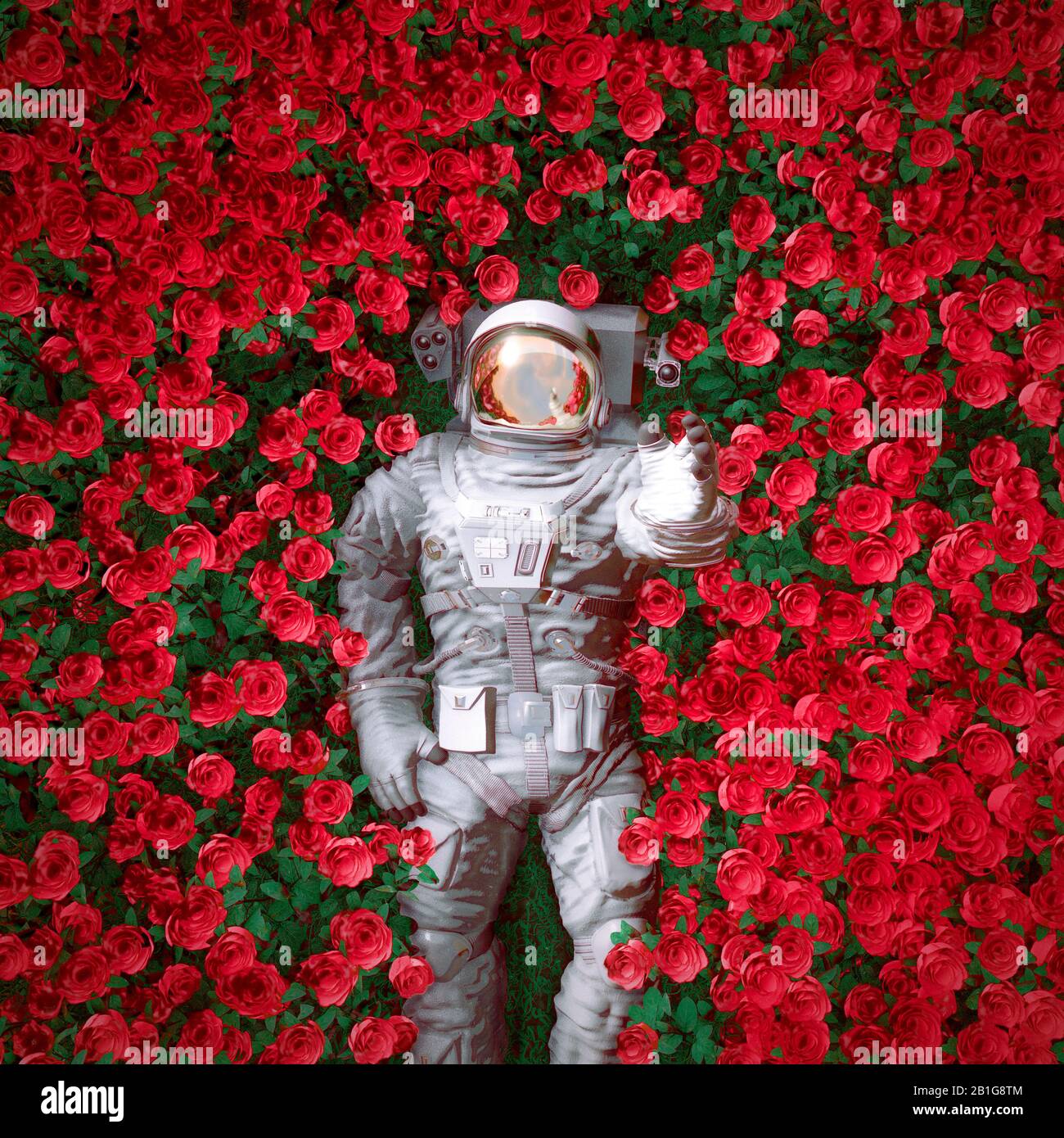 Red rose spaceman / 3D illustration of surreal science fiction scene ...