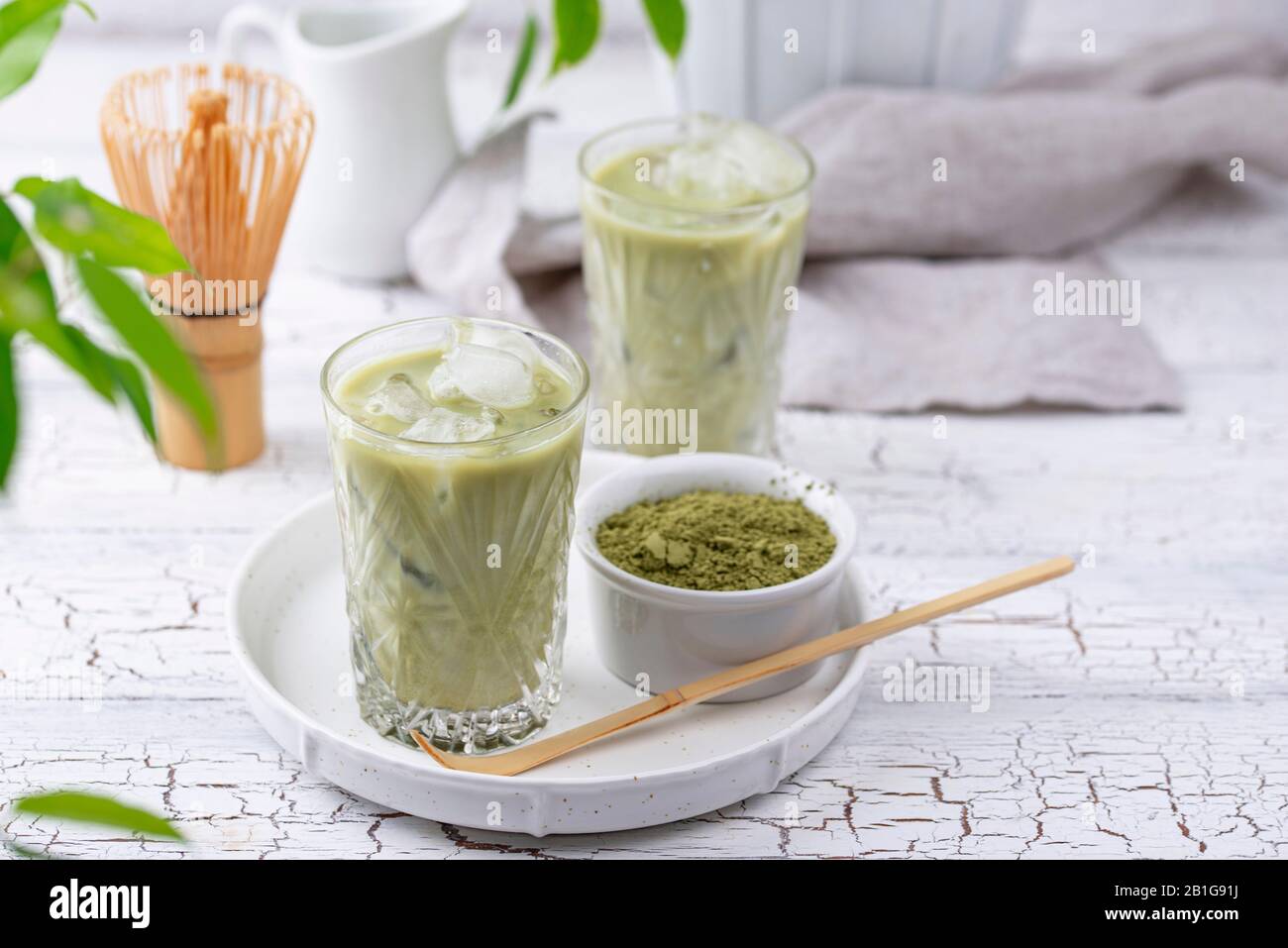 Cold matcha tea with milk and ice Stock Photo - Alamy