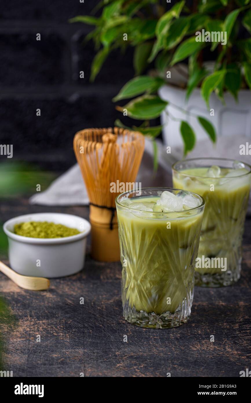 Cold matcha tea with milk and ice Stock Photo - Alamy