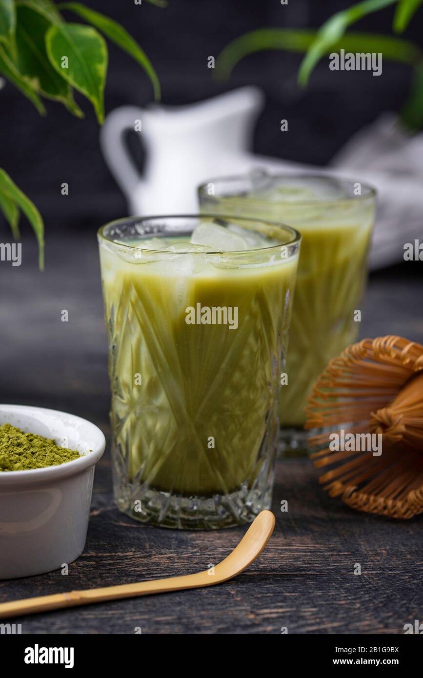 Cold matcha tea with milk and ice Stock Photo - Alamy
