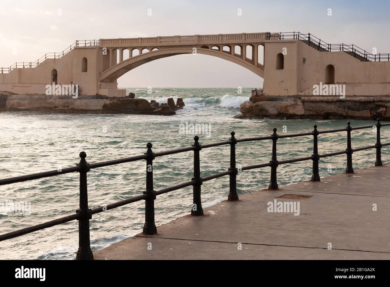 Landscape with coastal railings and Montazah bridge on a background ...