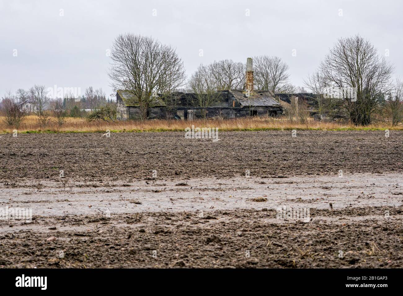 collapsed country house on the edge of a plowed field Stock Photo - Alamy