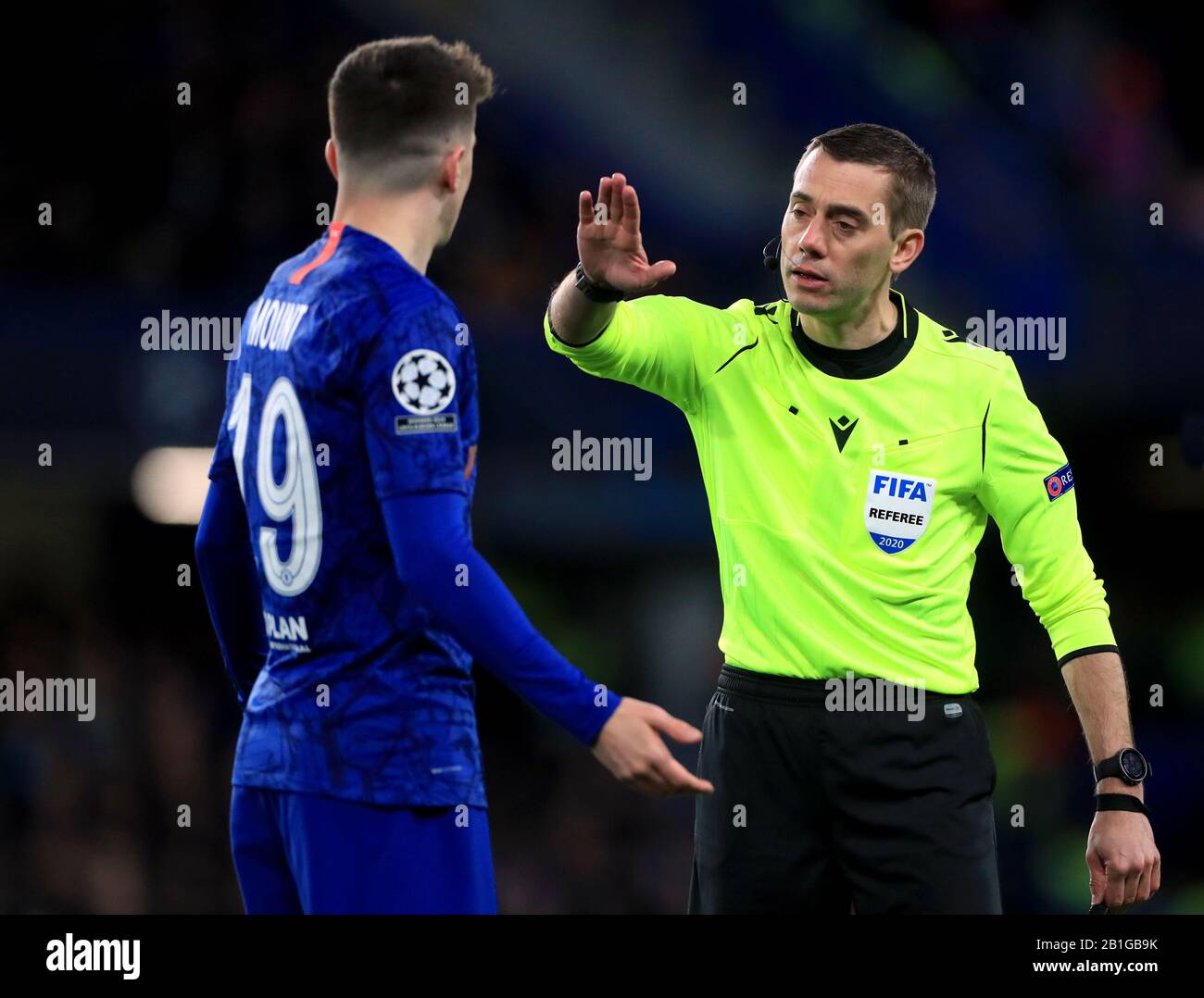 Referee Clement Turpin (right) speaks with Chelsea's Mason Mount during ...
