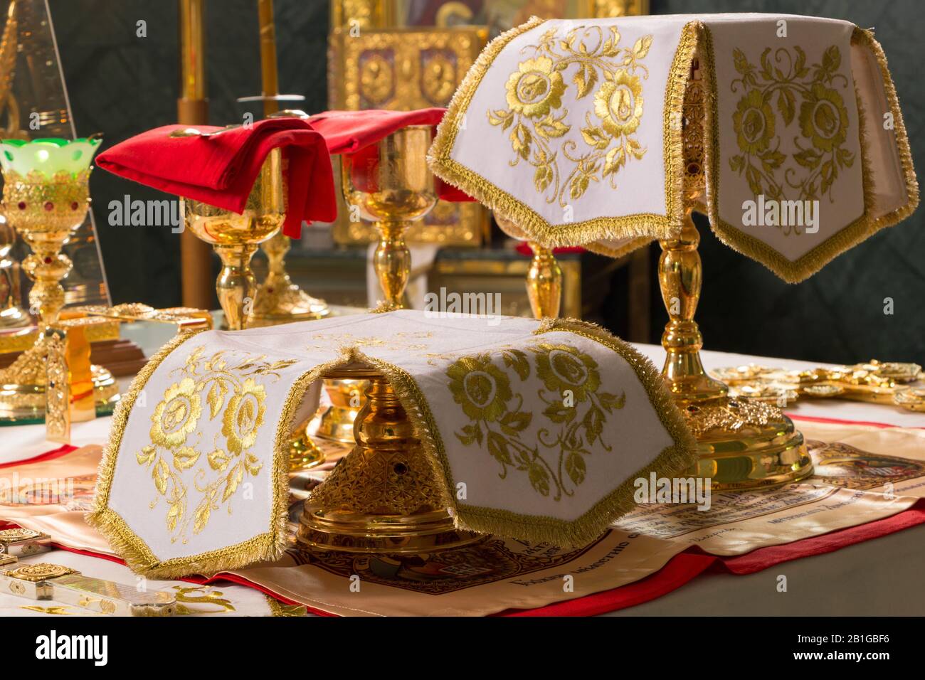 Donetsk, Ukraine. 2020, January 7. Holy Communion. Golden Chalices with ...