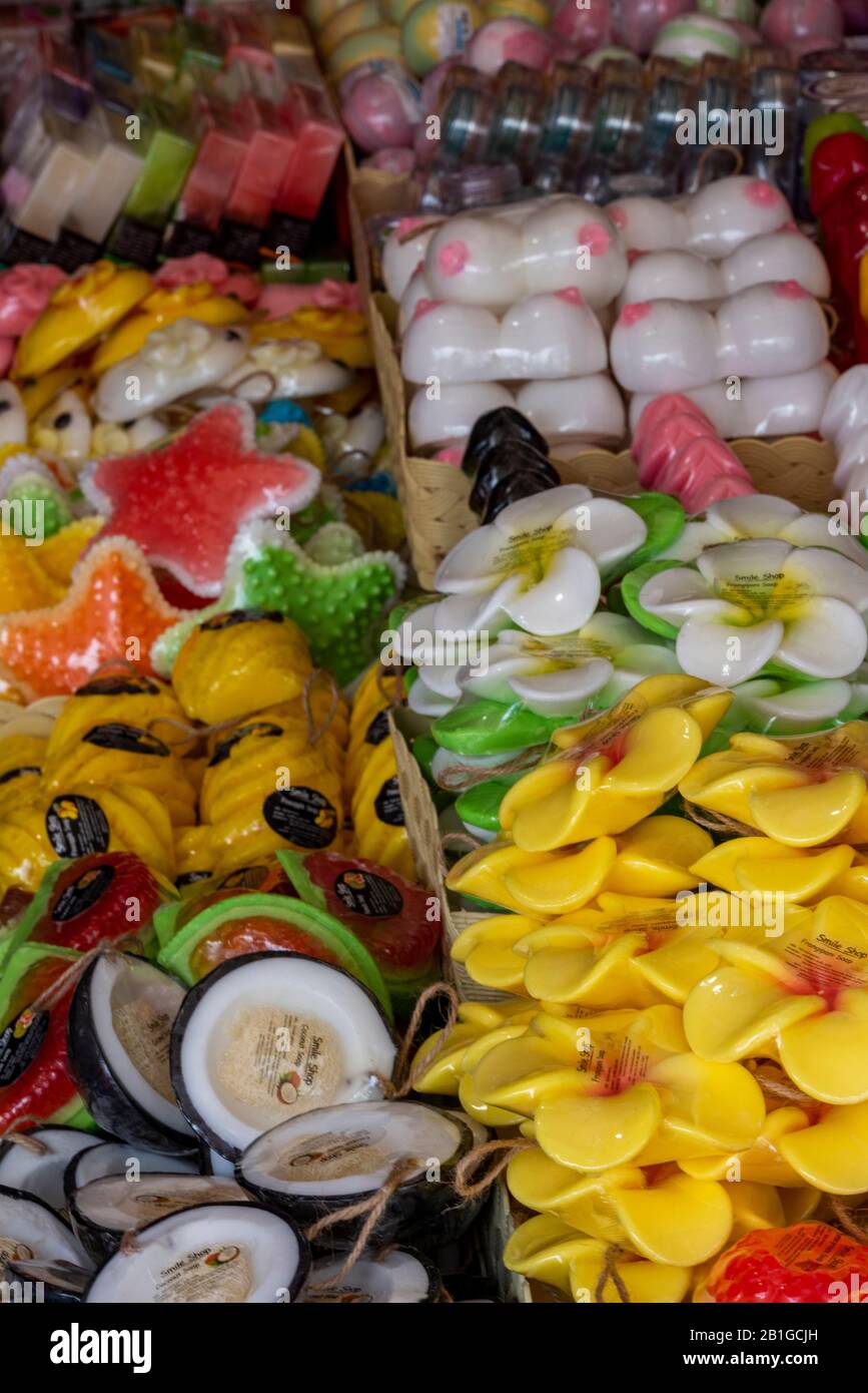 Fancy carved and shaped decorative soaps on sale a t a souvenir shop in ...