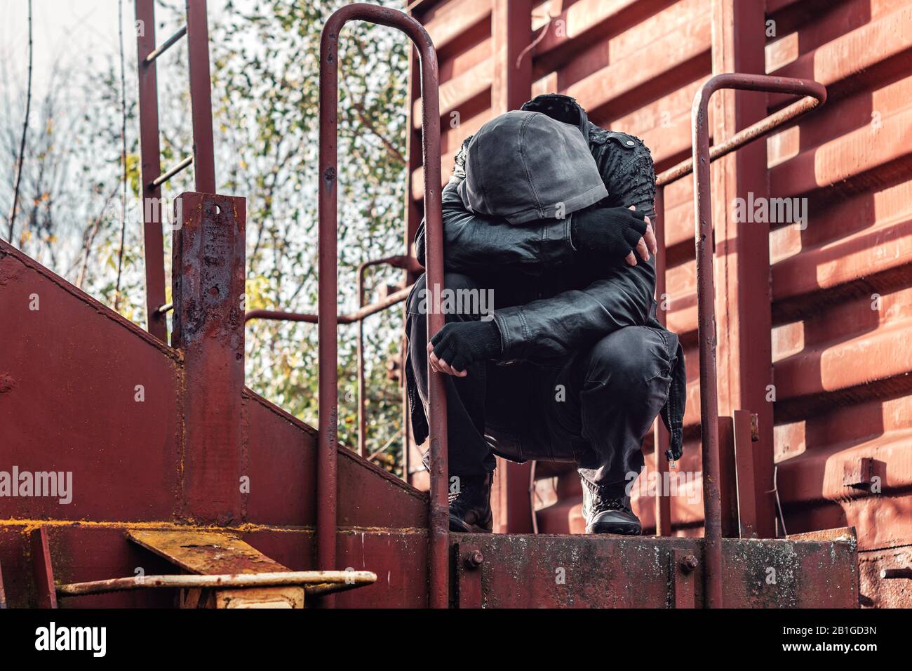 Homeless drug addict having abstinence crisis, conceptual portrait with ...