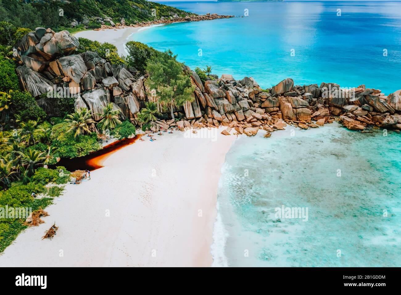 Aerial top view of Seychelles tropical paradise beach with crystal ...