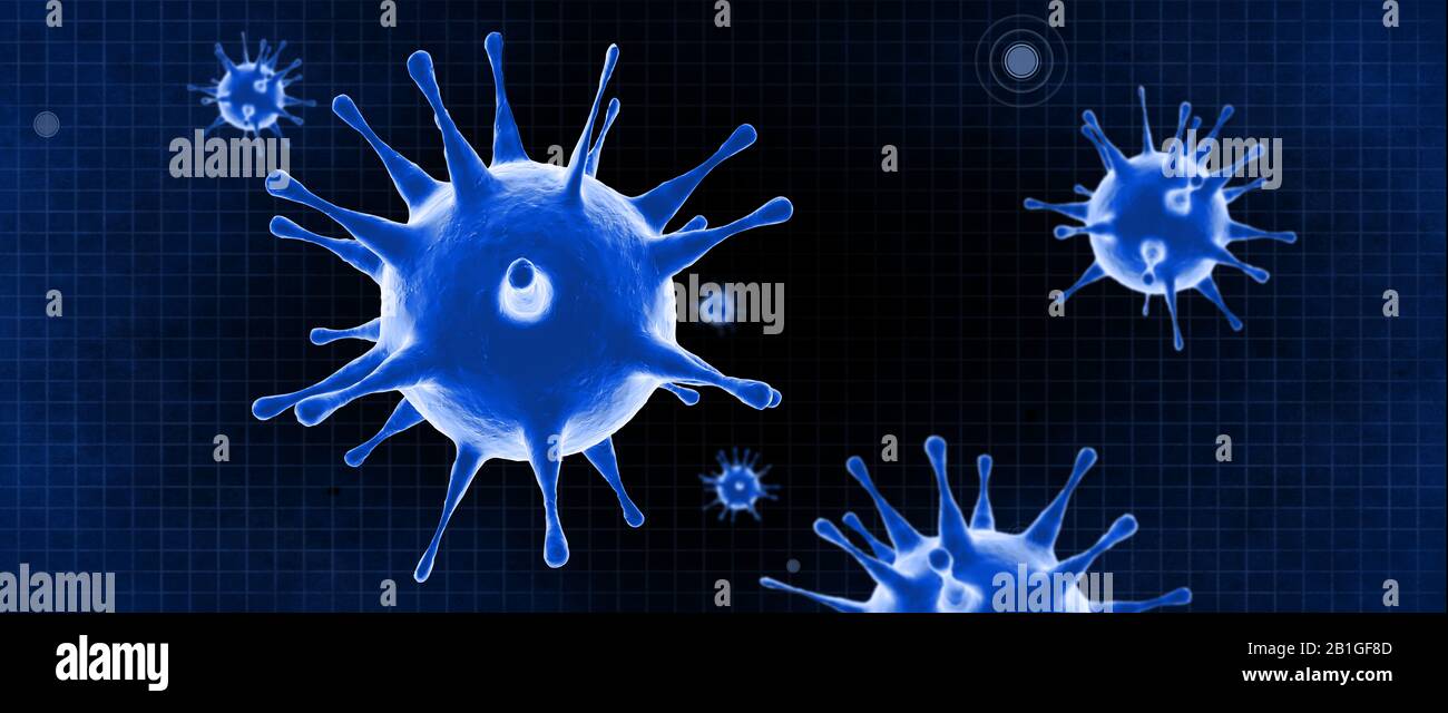 Microscopic view of influenza virus cells. 3D medical illustration ...