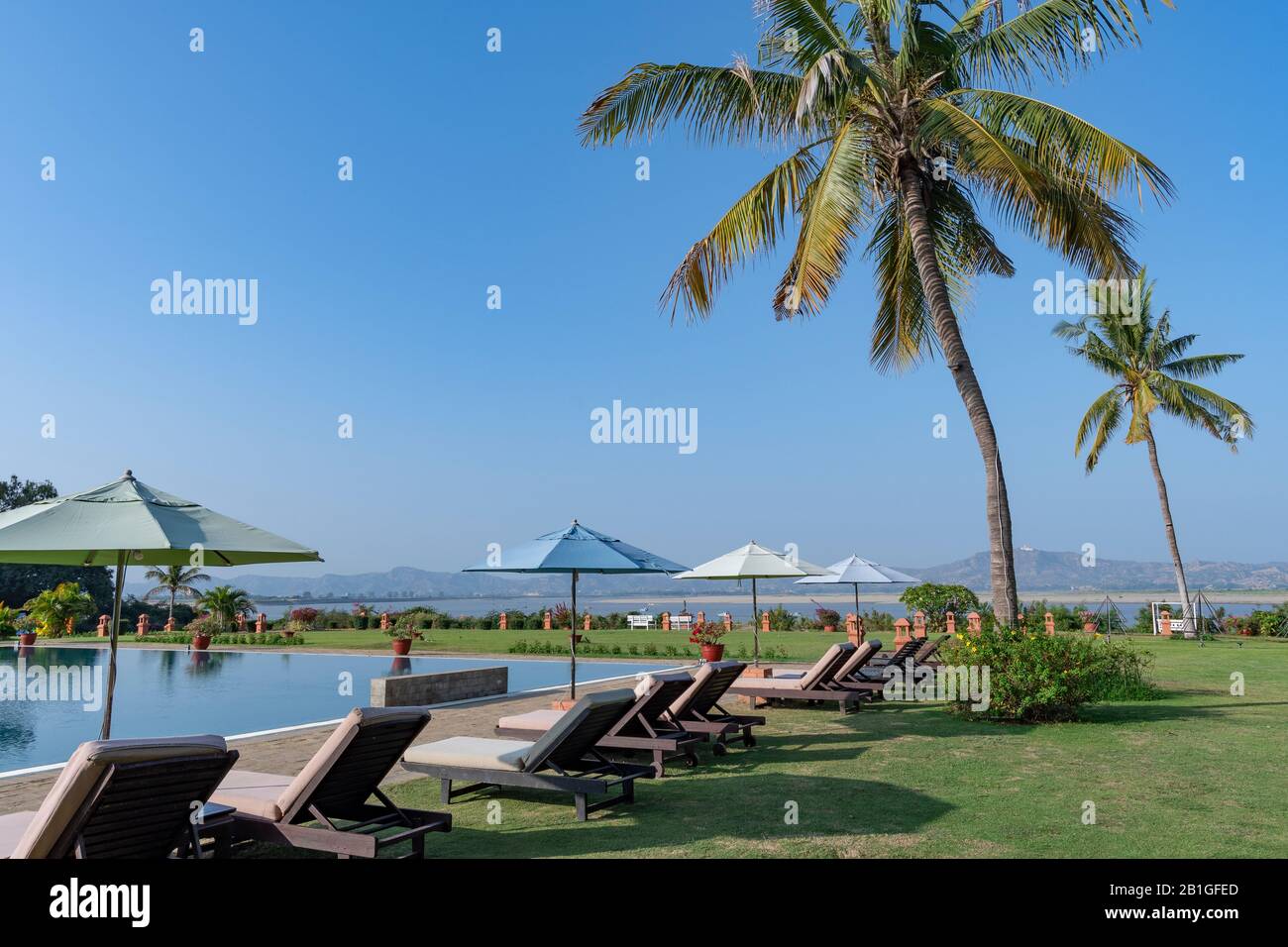 Swimming pool at hotel resort, Bagan, Mandalay Region, Myanmar Stock ...