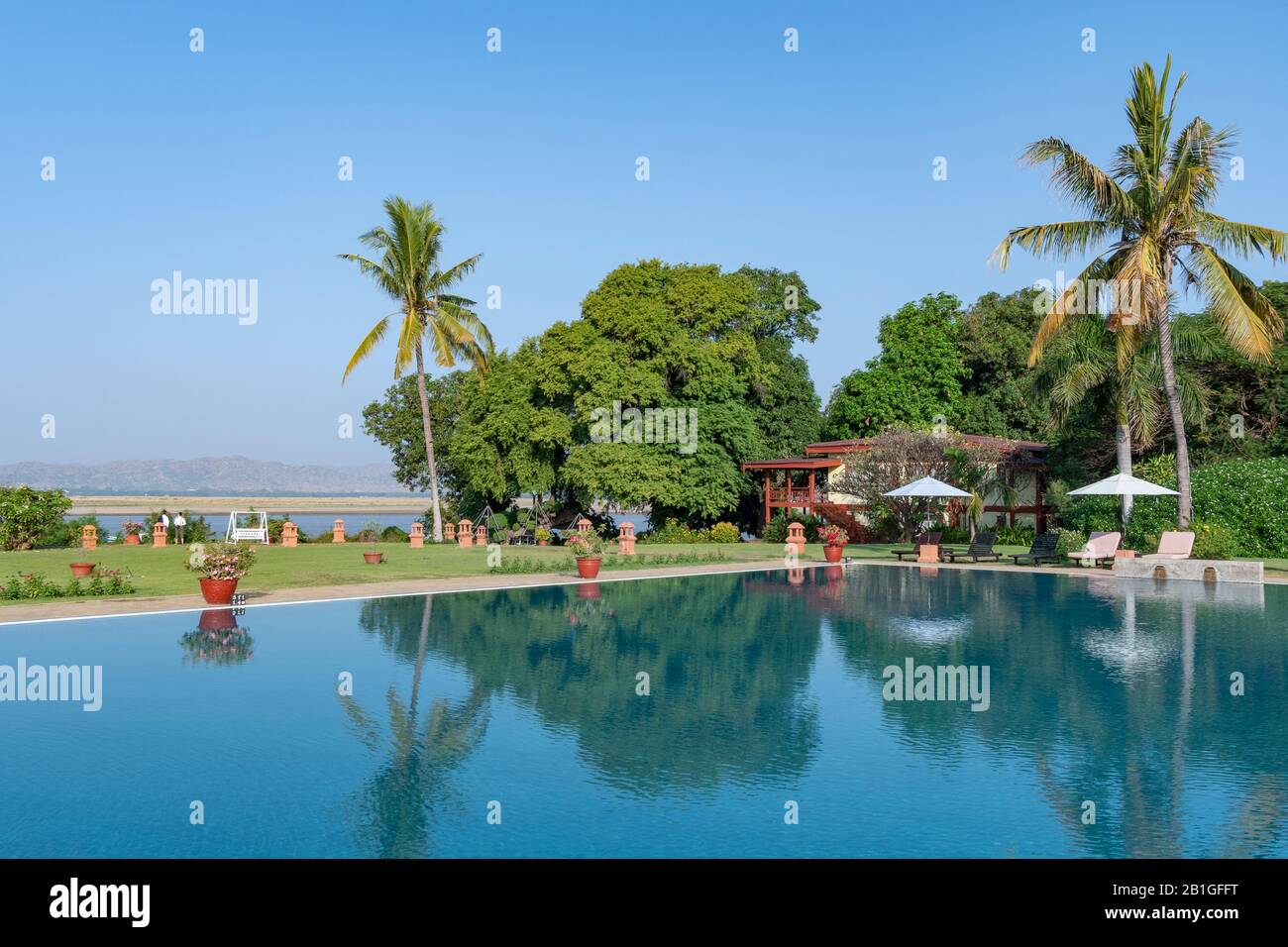 Swimming pool at hotel resort, Bagan, Mandalay Region, Myanmar Stock ...