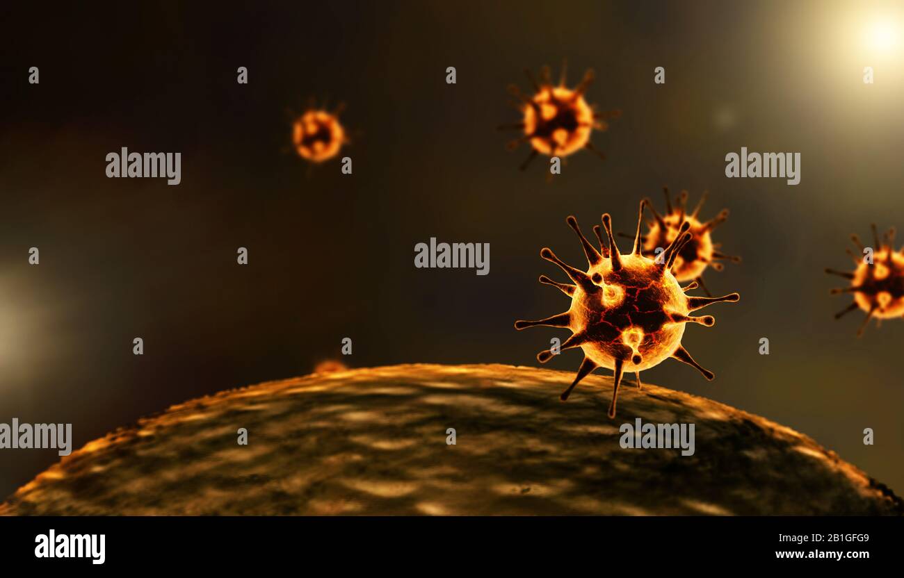 Microscopic view of influenza virus cells. 3D medical illustration ...
