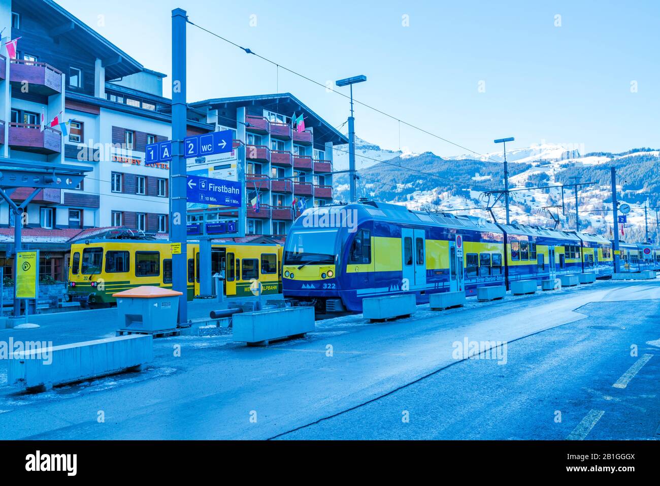 GRINDELWALD, SWITZERLAND - JANUARY 16 2020: Grindelwald train station ...