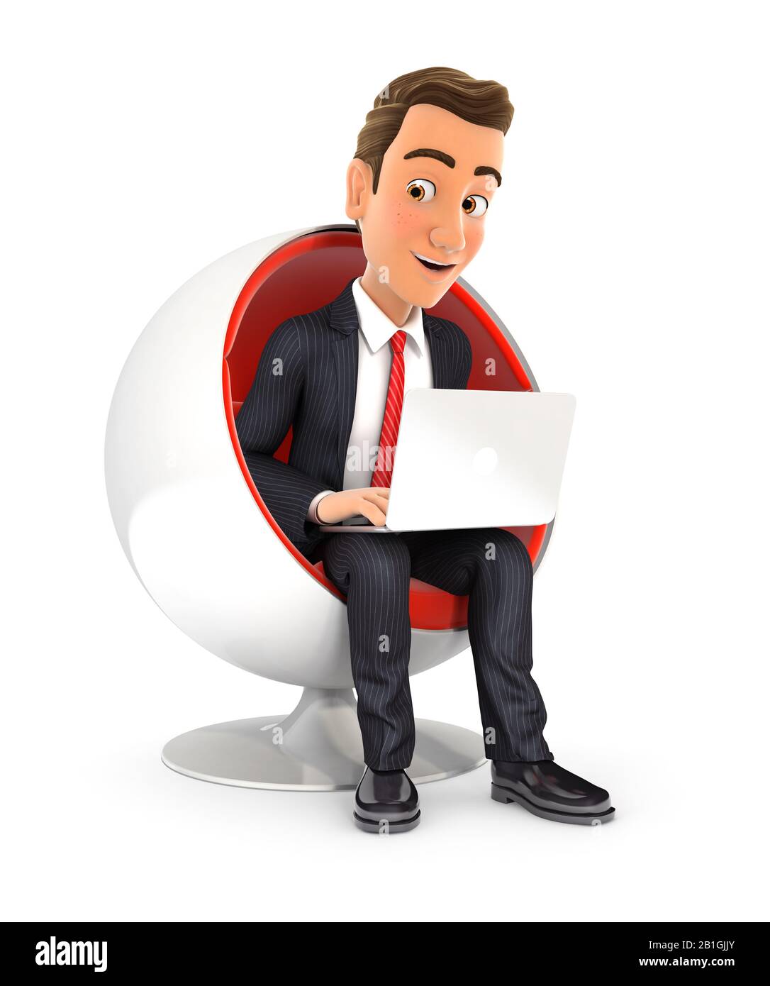 3d businessman sitting in round chair and using laptop, illustration ...