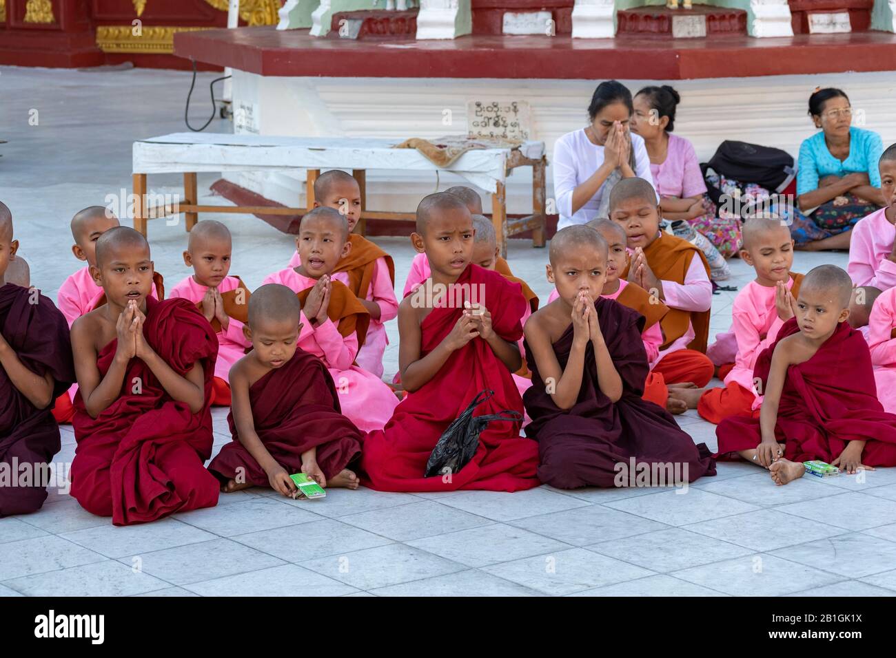 Burmese novice monks and nuns praying at Shwedagon Paya, Yangon ...