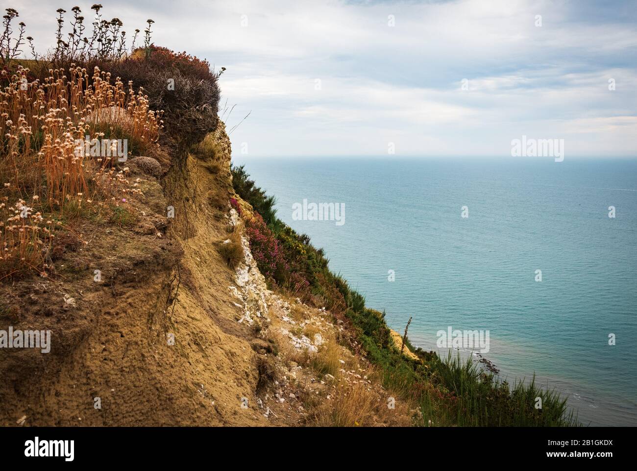 Green fields on a hill with the sea English Channel and English ...