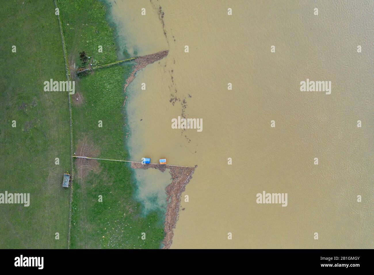 Top down aerial view of flooded farmland - River Severn meander in ...