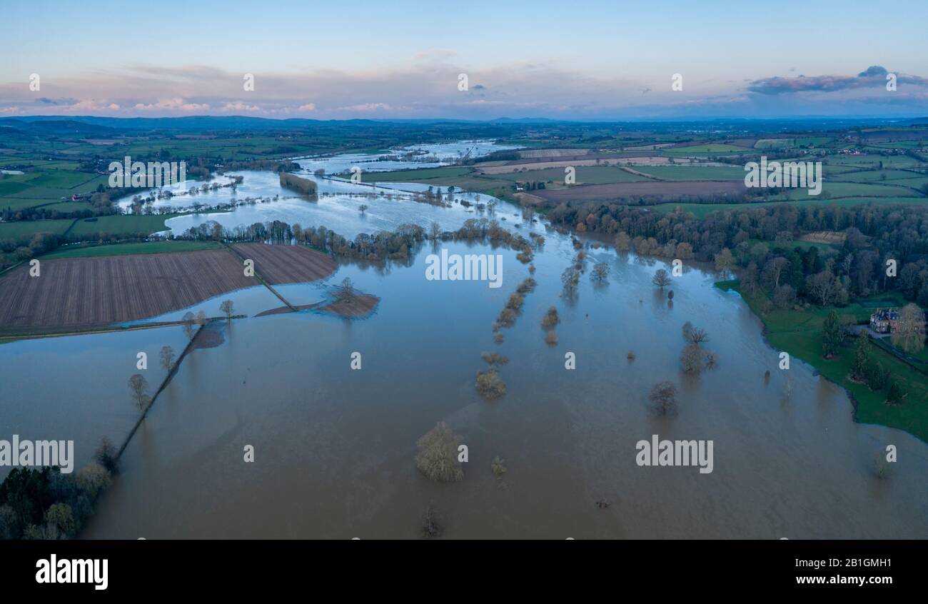 Aerial view of flooded farmland - River Severn meander in Shropshire ...