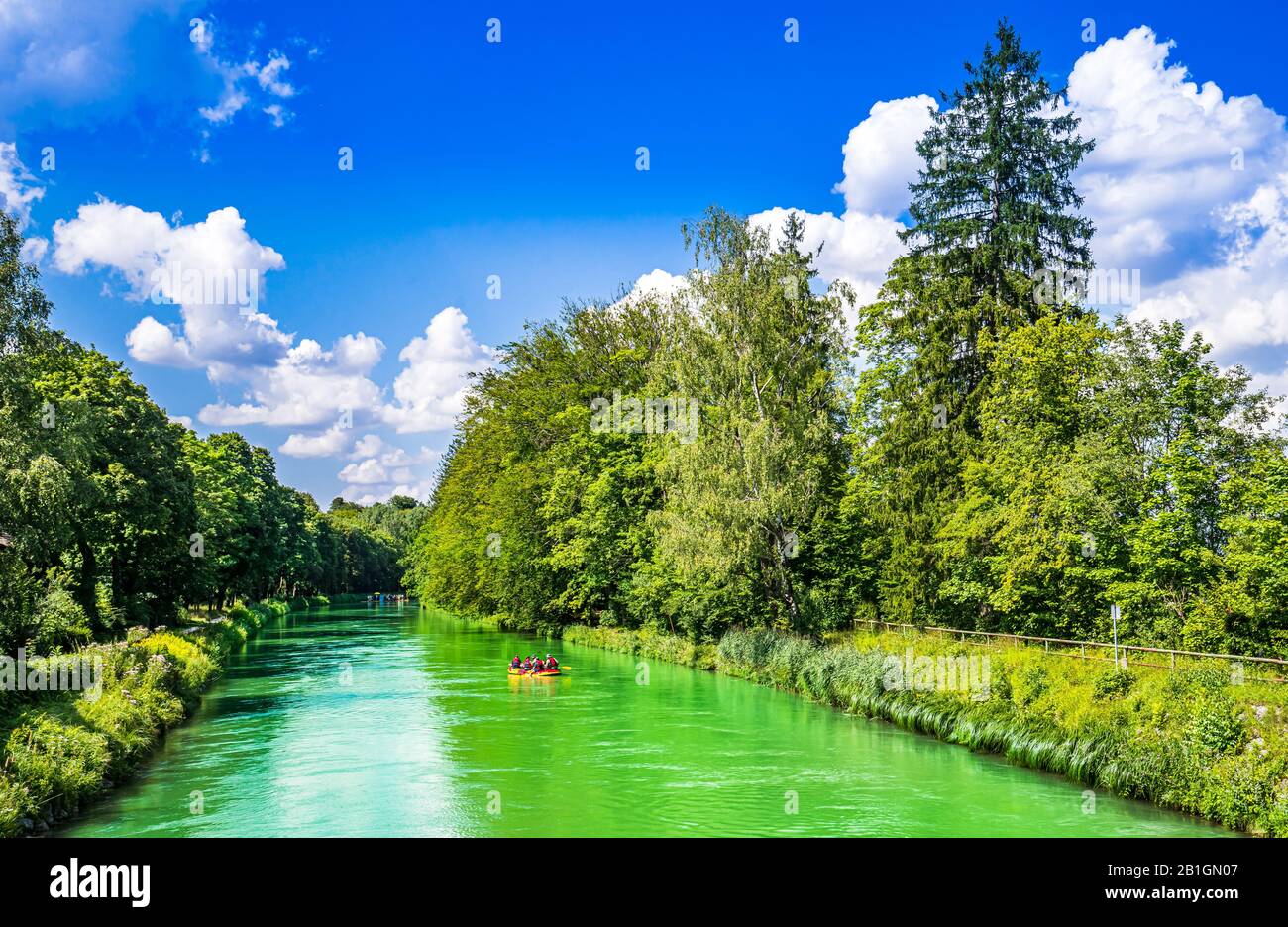 View on people doing rafting on the Isar River, Munich Stock Photo - Alamy