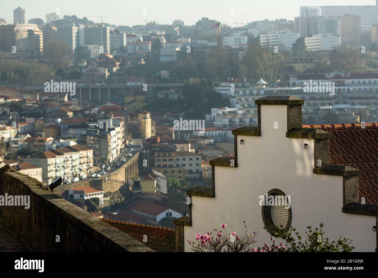 Old buildings in the center of Porto downtown in the background light ...