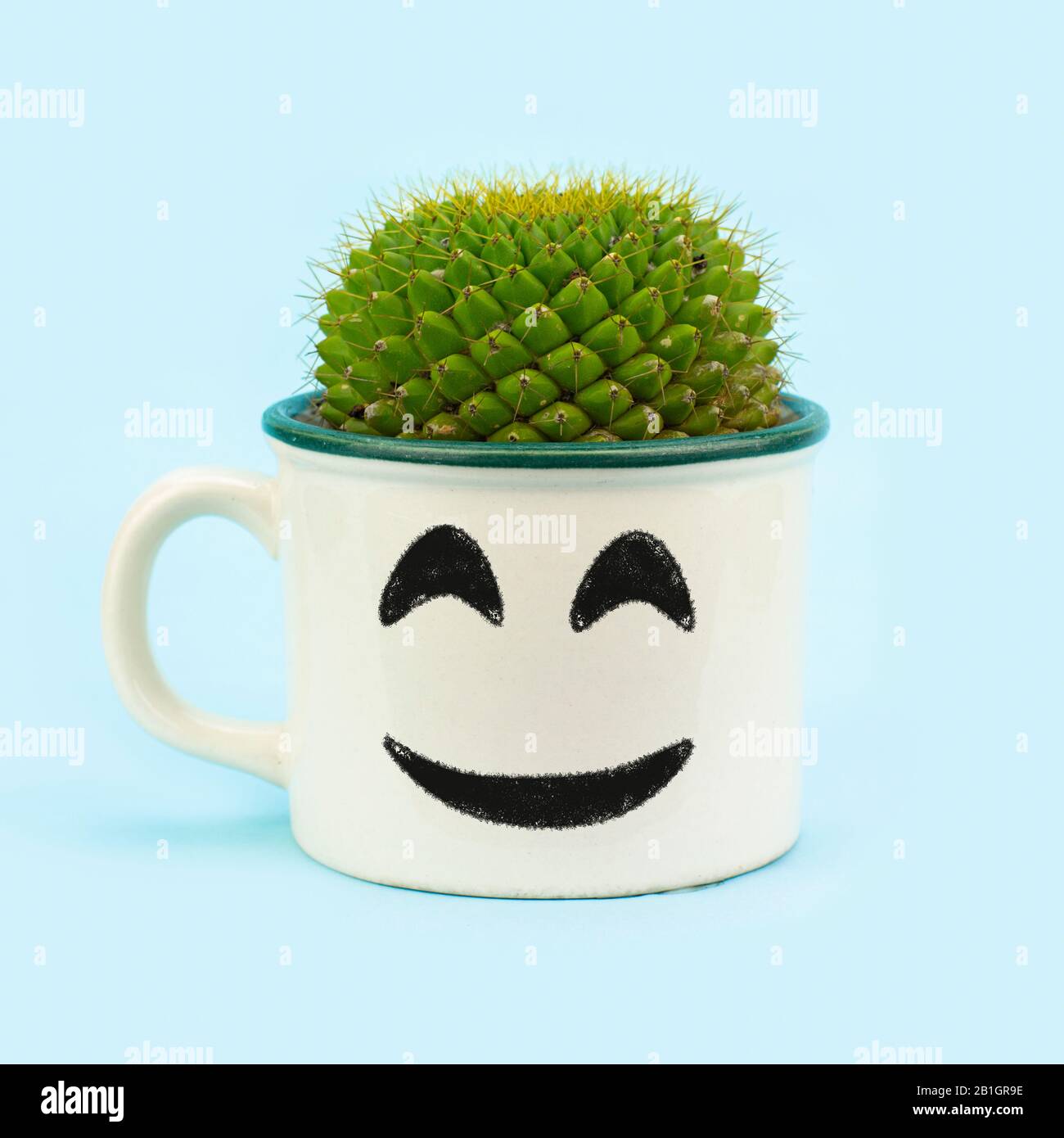 Cactus grown recycled tin mug with happy face, fun quirky eco reuse ...