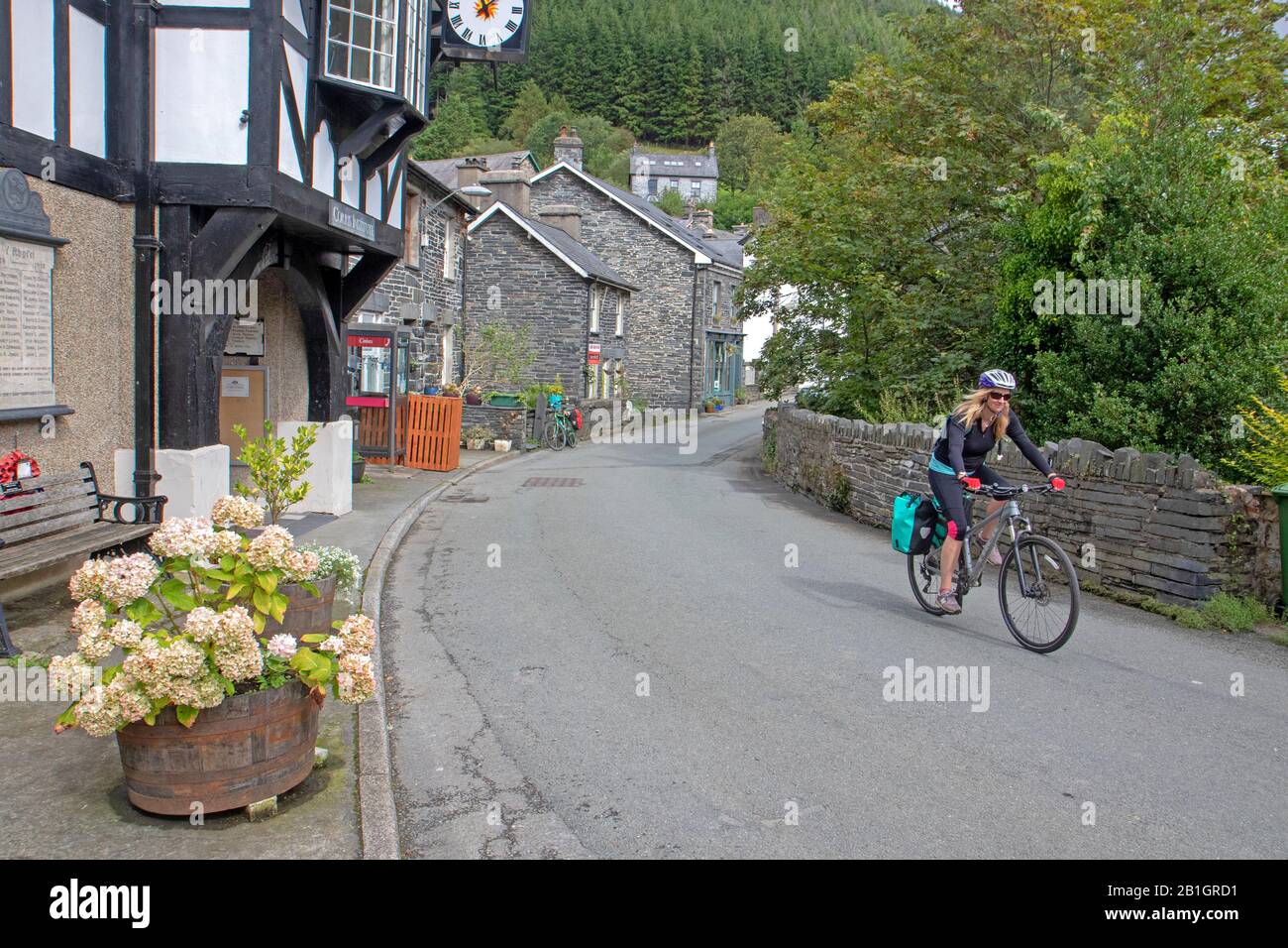 Cycling through the village of Corris along the Lon Las Cymru cycling ...