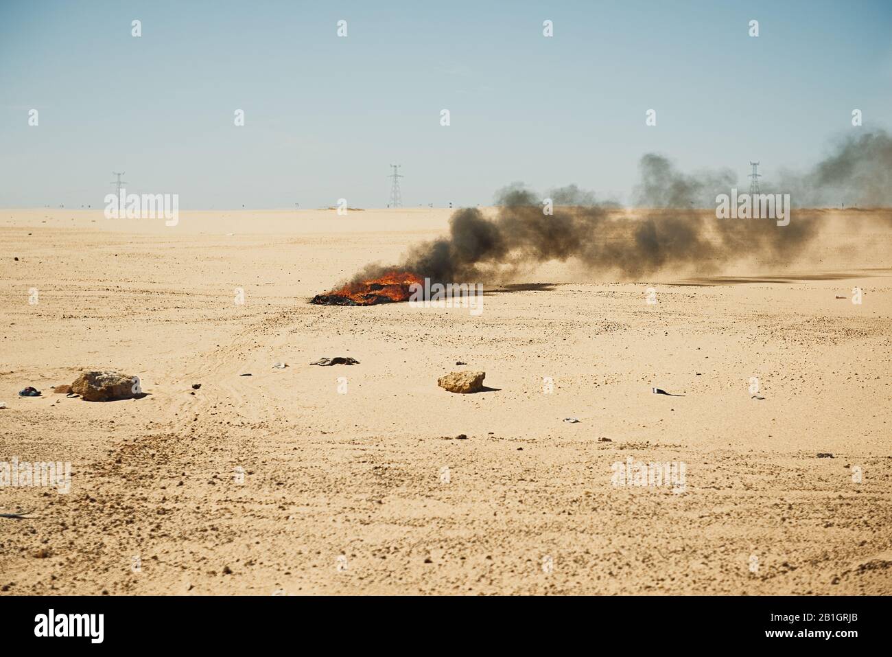 The fire and heavy smoke in the desert near the settlement during ...
