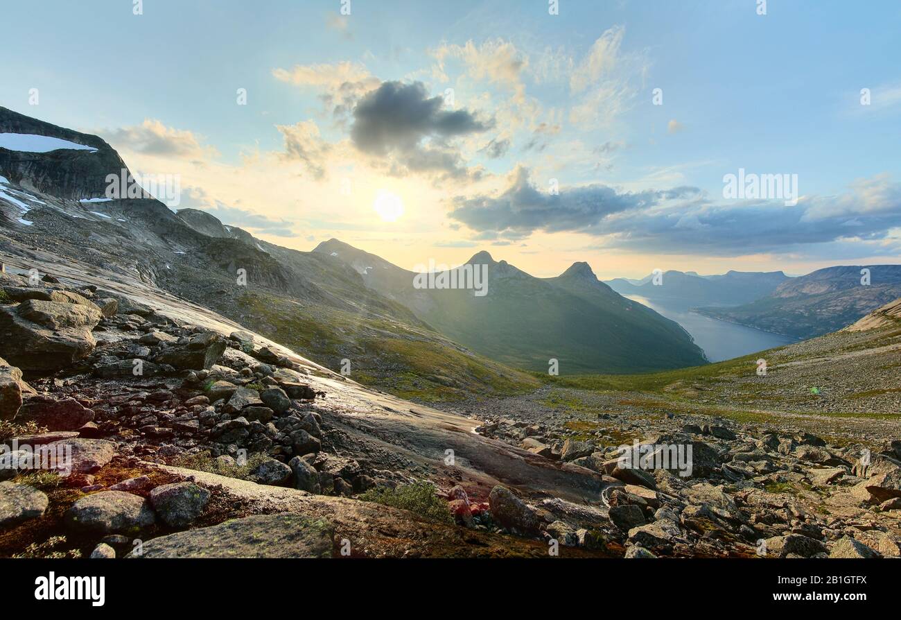 Panorama of valley at Norways national mountain Stetind Stock Photo - Alamy