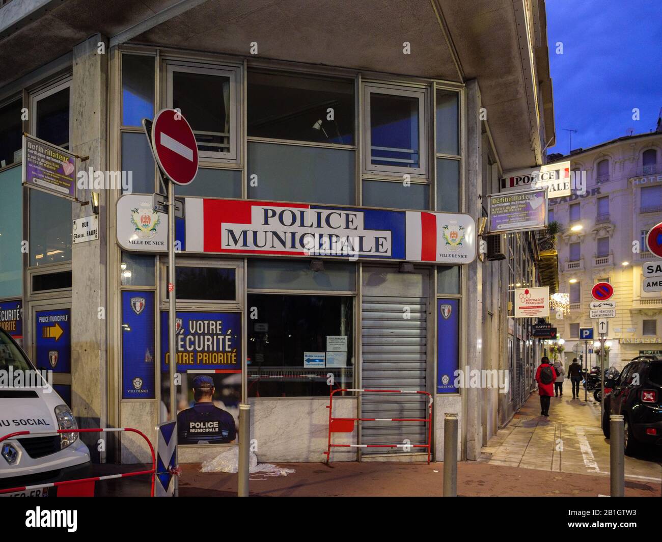 Nice, France - Nov 24, 2019: Facade of Police Municipale closed station ...