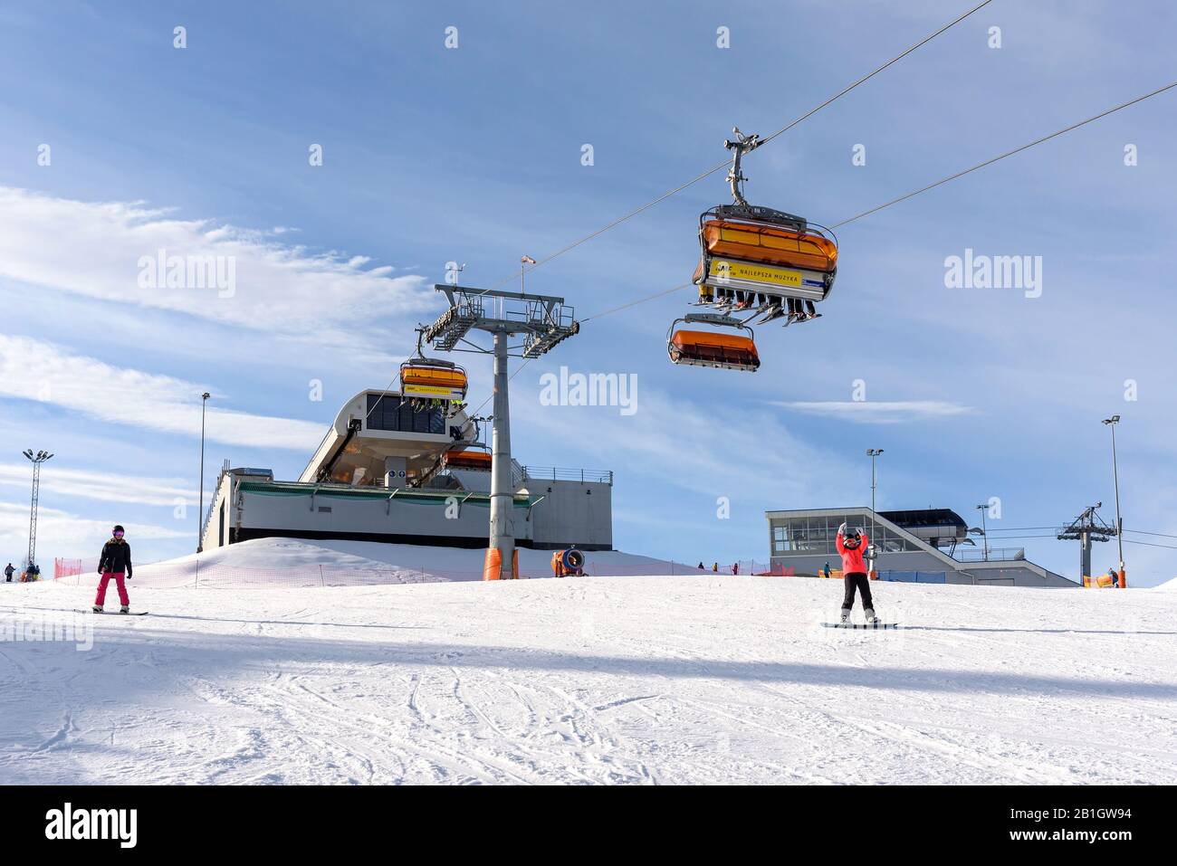 Bialka Tatrzanska, Poland - February 22, 2020: People skiing on the ...
