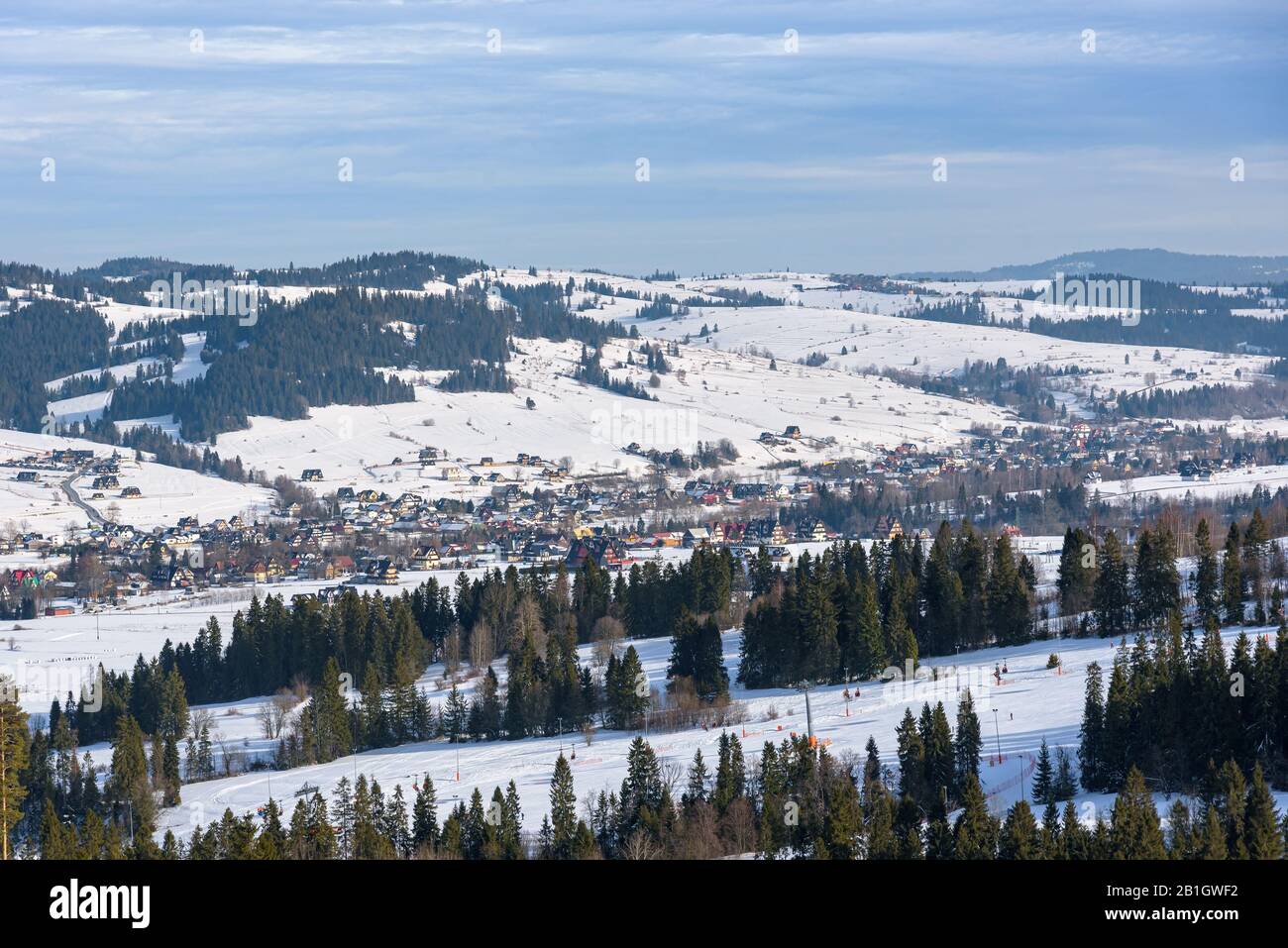 Aerial view of Bialka Tatrzanska village, famous ski resort in polish ...