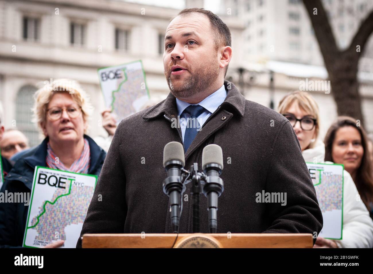 NYC Council Speaker Corey Johnson delivers remarks at a press ...