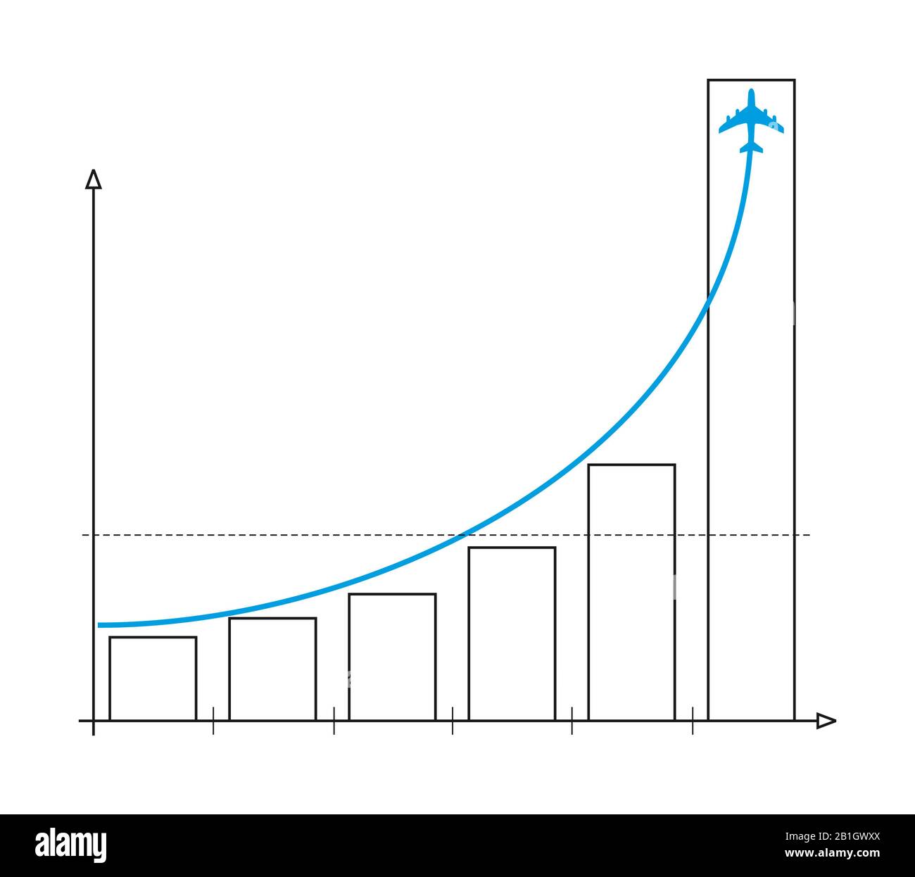 Computer graphic, increasing bar chart with blue curve against white ...