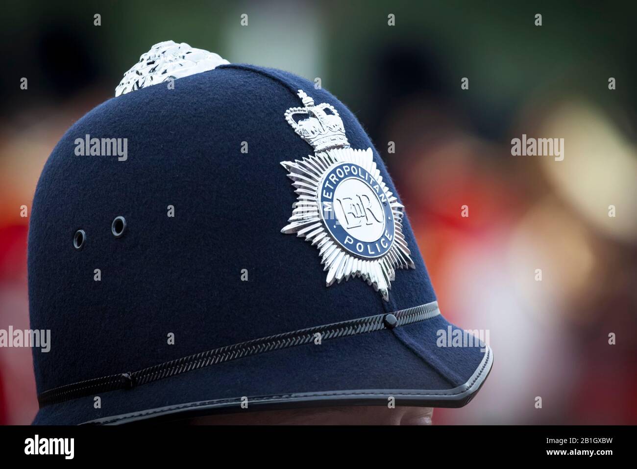 London Metro Police Helmet against blurry background, England Stock ...