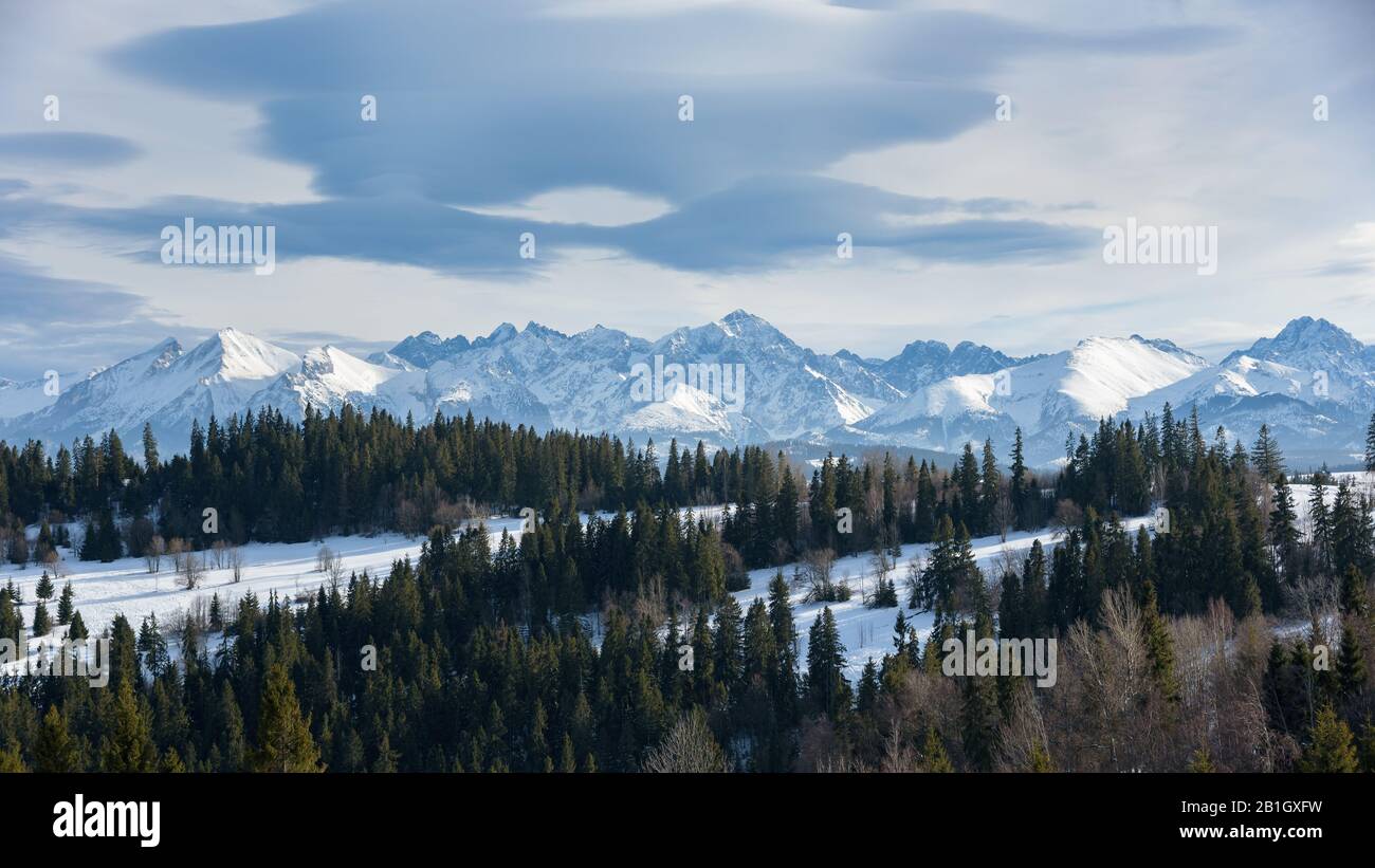 Panoramic winter landscape of High Tatra Mountains on the Polish-Slovak ...