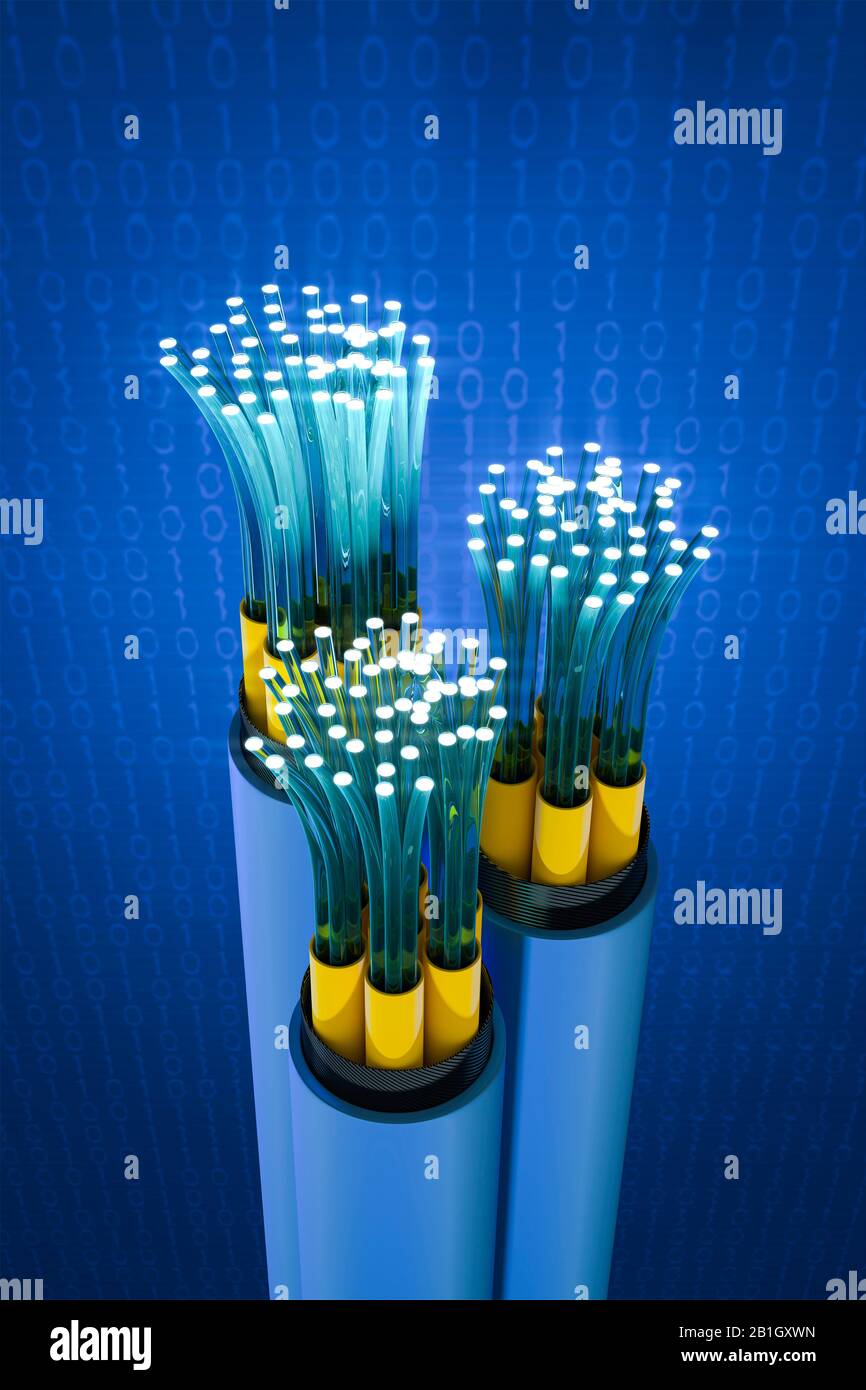 3D computer graphic, fiber optic cables against blue background, Europe ...