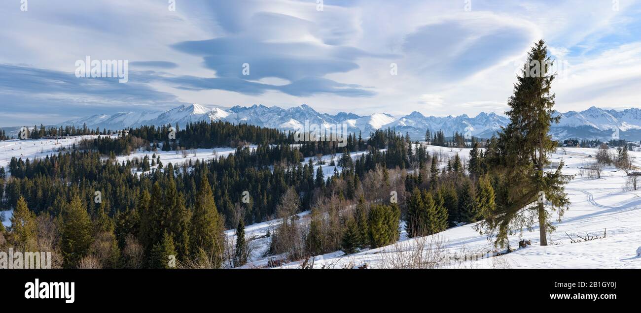 Panoramic winter landscape of High Tatra Mountains on the Polish-Slovak ...