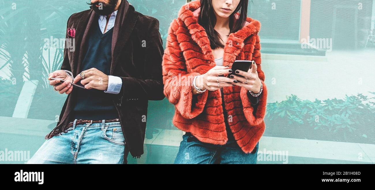 Fashion influencers people using smartphone social media app - Young ...