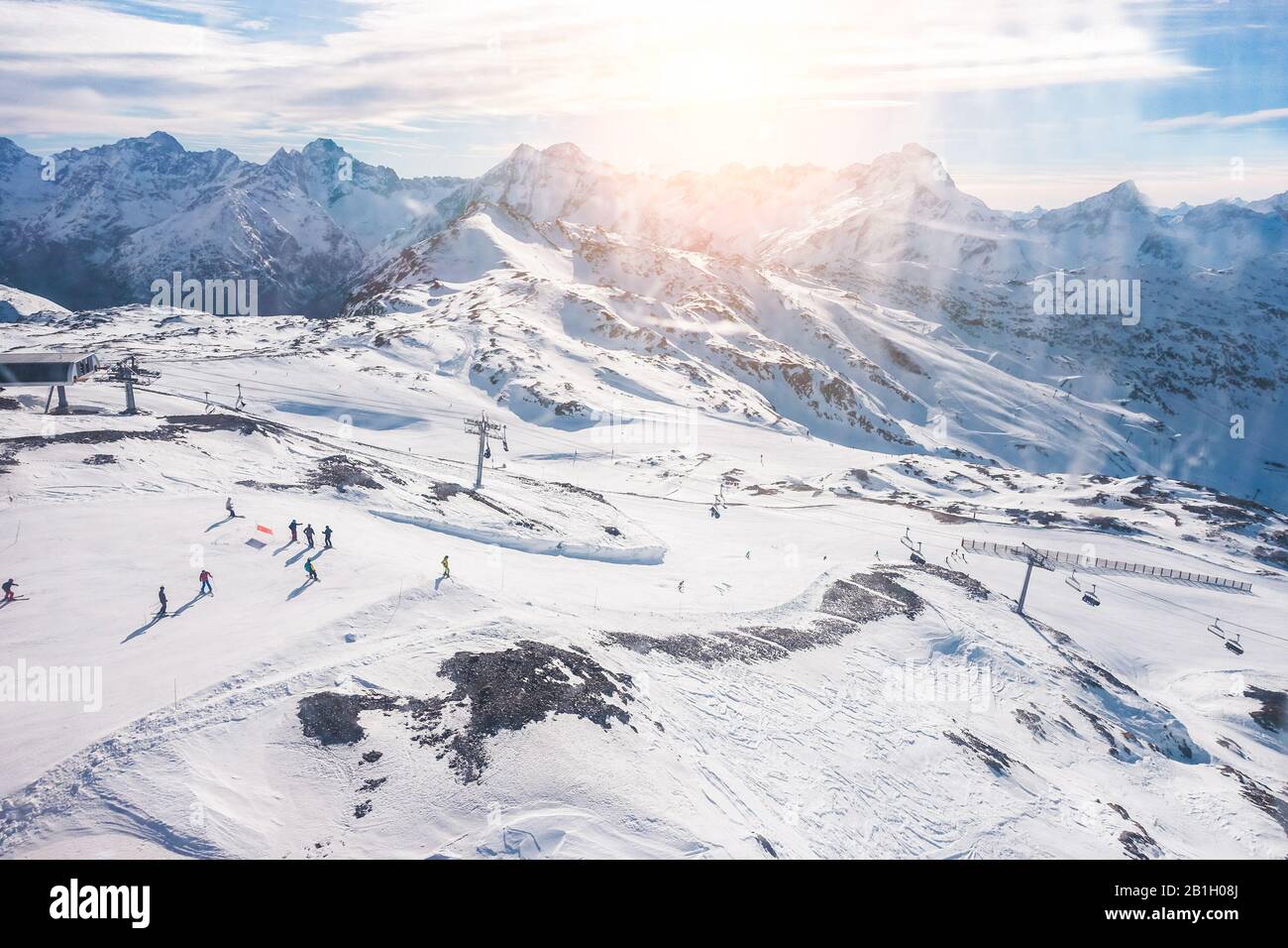 Cabin window view of people skiing in winter resort - Holidays, extreme ...