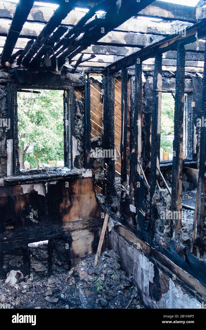 Interior of burnt by fire apartment in residential building. Burned ...
