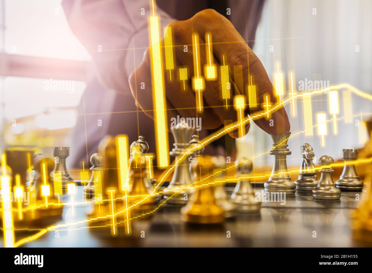 Chess game on chess board on stock market or forex trading graph chart ...