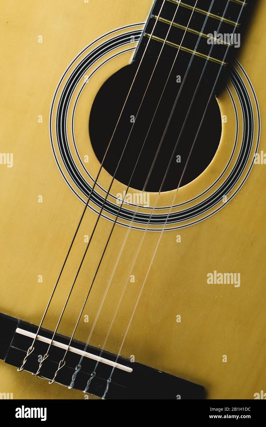 Acoustic guitar close up. musical instrument. strings on the guitar ...